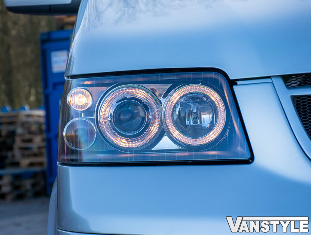 Headlights Set, Black With Angel Eye Side Light, VW T5 2003 09 - Vanstyle