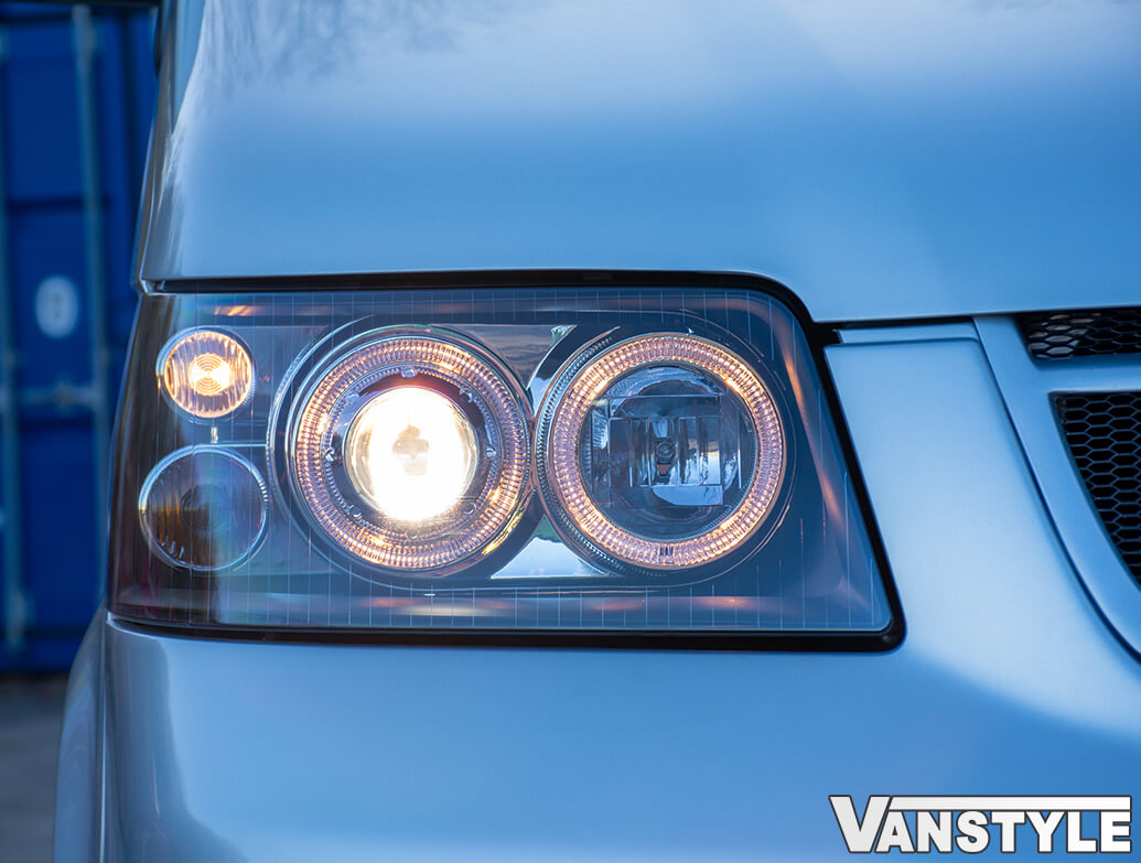 Headlights Set, Black With Angel Eye Side Light, VW T5 2003 09 - Vanstyle