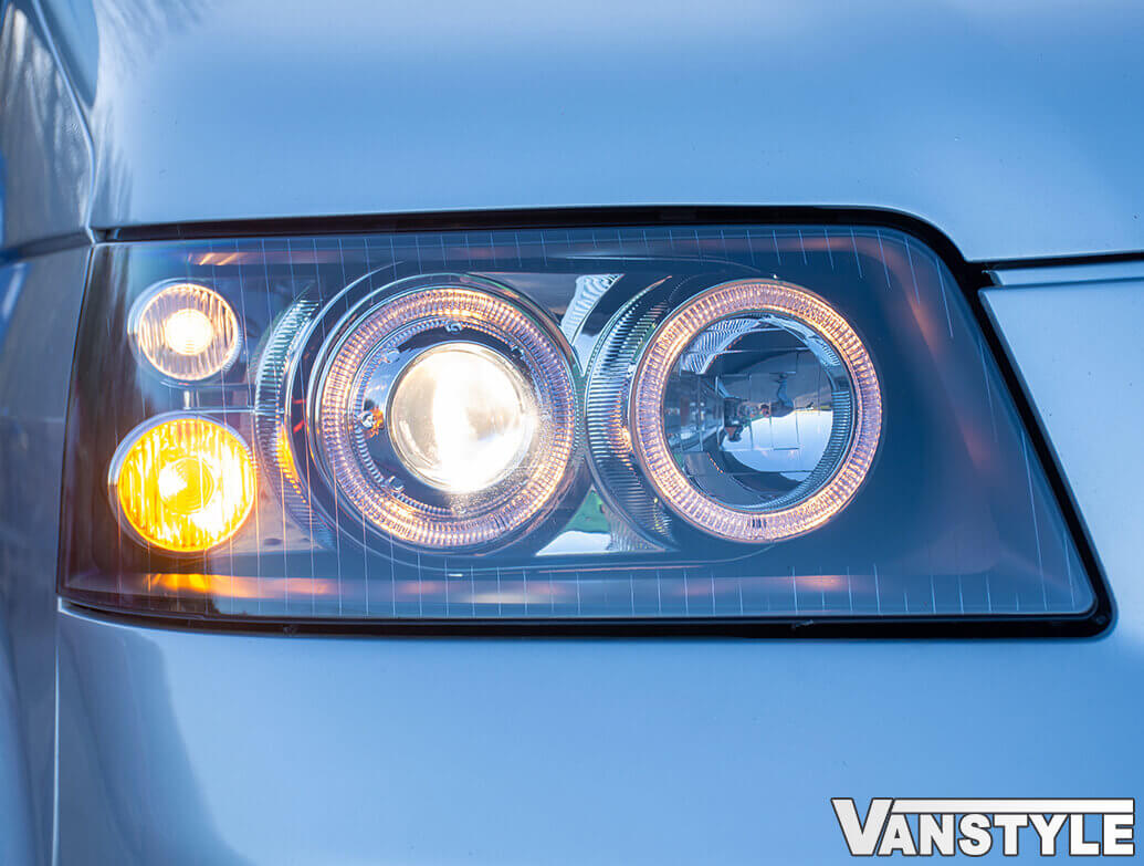 Headlights Set, Black With Angel Eye Side Light, VW T5 2003 09 - Vanstyle