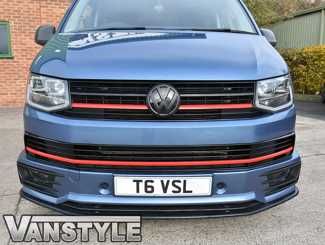 VW T6 Gloss Black Grilles w Lower Gloss Red Trim F Badge - Vanstyle